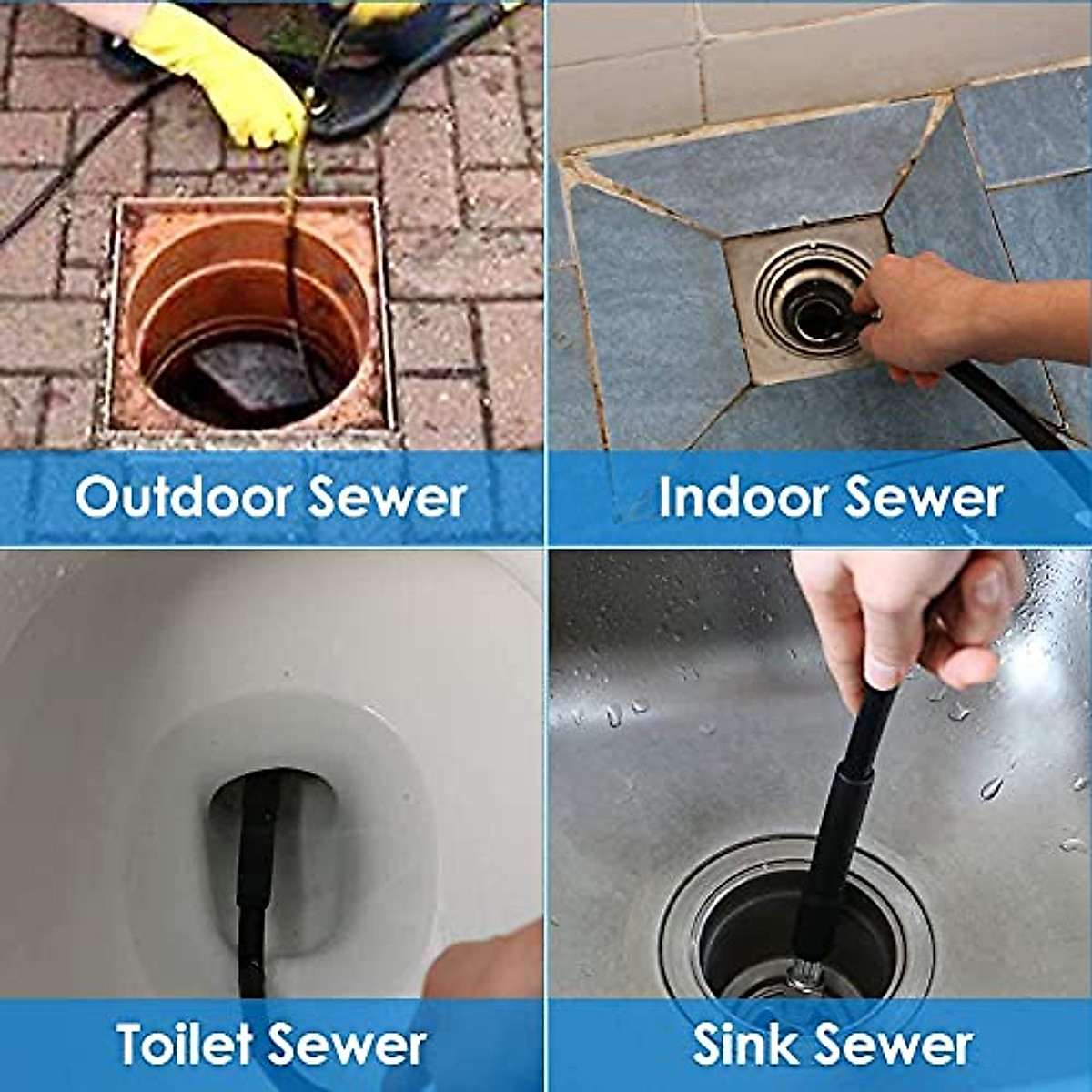 100FT Sewer Jetter Kit for Pressure Washer, 5800PSI Drain Cleaner Hose 1/4 Inch NPT Corner, Rotating and Button Nose Sewer Jetting Drain Jetter Hose Nozzle Pearl Corsage Pin Spanners Waterproof Tape