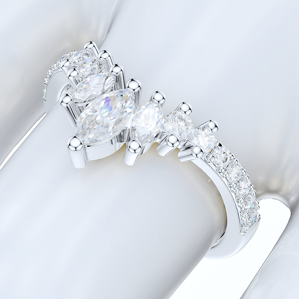 PRSTANI Sterling Silver Slight V Shaped Crown Simulated Marquise & Round Diamond Matching Ring Wedding Band (2.5)