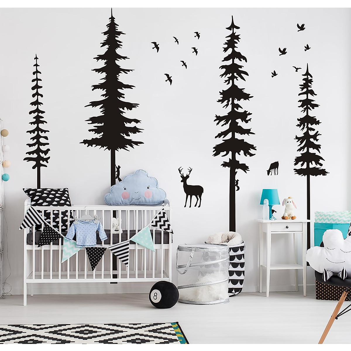 Pine Tree Wall Decals Woodland Vinyl Wall Sticker Forest Wall Decals with Animal Wall Stickers Squirrels Deers Wall Stickers for Kids Nursery Children Room Living Room Wall Decoration (Black)
