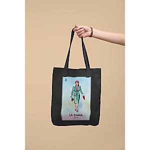 Pop Threads La Dama Woman Lady Loteria Card Mexican Bingo Black 15x15 inches Large Canvas Tote Bag