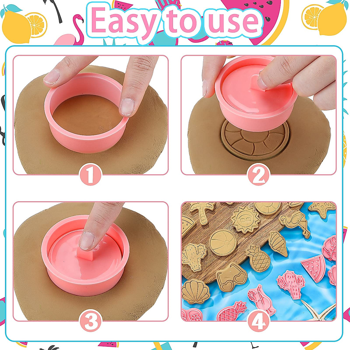 16 Pcs Summer Beach Cookie Cutters with Plunger Stamps Set Tropical Cookie Molds Beach Party Supplies Biscuit Fondant Cutters, Pineapple Flamingo Palm Tree Starfish Seashell Sunglasses Ice Cream