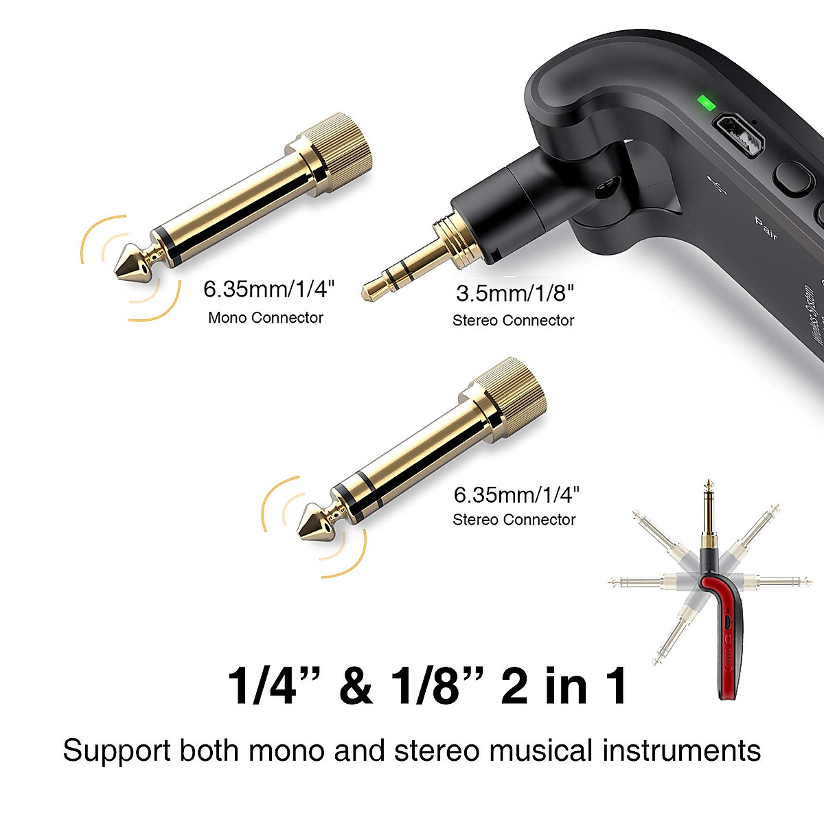 LEKATO Wireless Guitar System 2.4GHz Rechargeable Audio Wireless Transmitter Receiver 6 Channels for Guitar Bass Electric Instruments, Stereo and Mono 1/4” & 1/8” 2 in 1 Plugs,Black(WS-60)