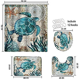 YRIGSUN Sea Turtle Nautical Shower Curtain Sets with Non-Slip Rugs Toilet Lid Cover and Bath Mat Beach Ocean Decor Coastal Shower Curtains with 12 Hooks Fabric Bath Curtain