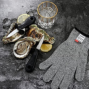 Oyster Shucking Knife and Gloves,Oyster Knife Shucker Set Stainless Steel Clam Shellfish Seafood Opener Kit Tools (2knifes+1Glove+1Cloth+1Bottle opener)