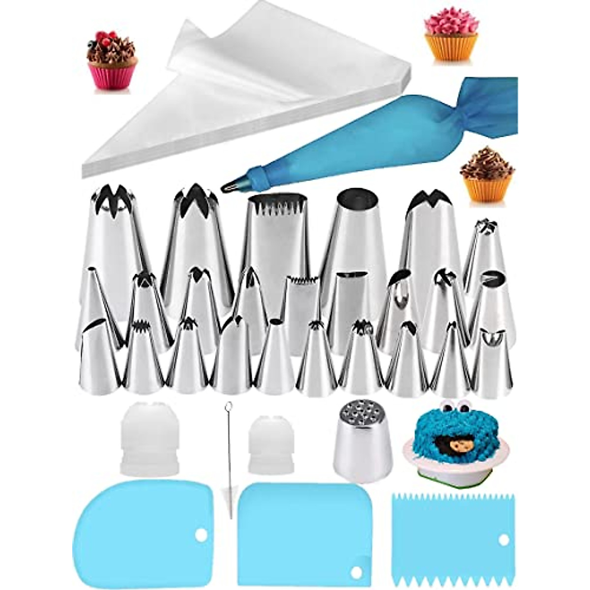 Piping Bag and Tips Set, Cake Piping Set for Baking with Reusable Piping Bags and Tips, Standard Converters, Silicone Rings, Decorating Supplies for Deviled Egg, Cake, Cupcake and Cookie Icing