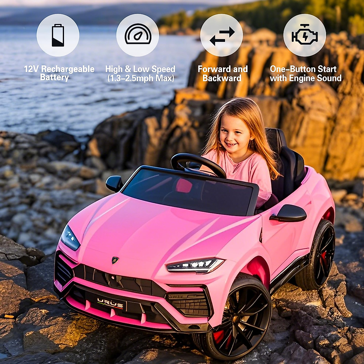 Rock Wheels Licensed Lamborghini Urus Ride On Truck Car Toy, 12V Battery Powered Electric 4 Wheels Kids Toys w/Parent Remote Control, Foot Pedal, Music, Aux, LED Headlights, 2 Speeds (Pink)