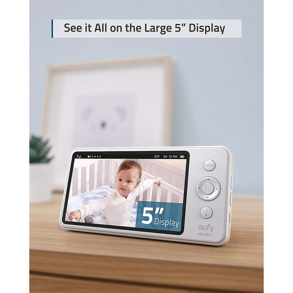 eufy Security Video and Audio Baby Monitor, 720p Resolution, Large 5” Display, 5,200 mAh Battery, 2-Way Audio, Night Vision, Lullaby Player, 1000 ft Range, Manual Pan & Tilt (Renewed)