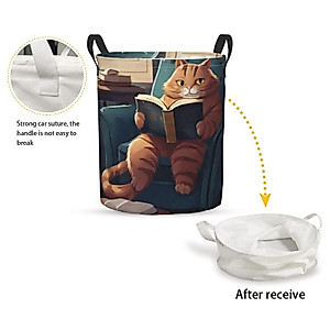 Delerain Funny Cat Laundry Basket, Waterproof Laundry Hamper with Handles, Collapsible Toy Bins Dirty Clothes Round Storage Basket for Home Bathroom Office Nursery, 16.5X13.8(S)