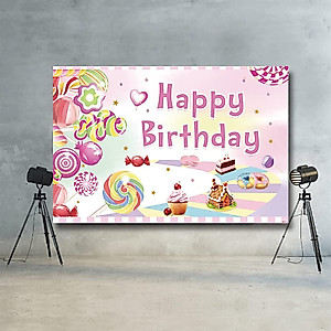 Rarcoirs Candy Birthday Party Backdrop for Kids Girls Sweet Birthday Desserts Background Candyland Cupcake Lollipop Donut Bday Cake Table Banner Favors 71X47inch, One Size