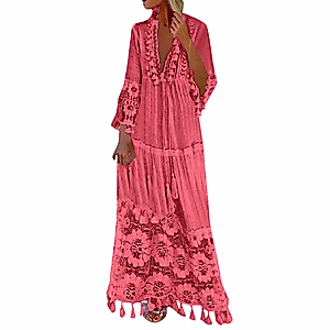 Ladies Fashion V Neck Long Sleeve Lace Tassel Long Dress Beach Dress Casual Dress Casual Spring Dresses for Women 2023 Pink