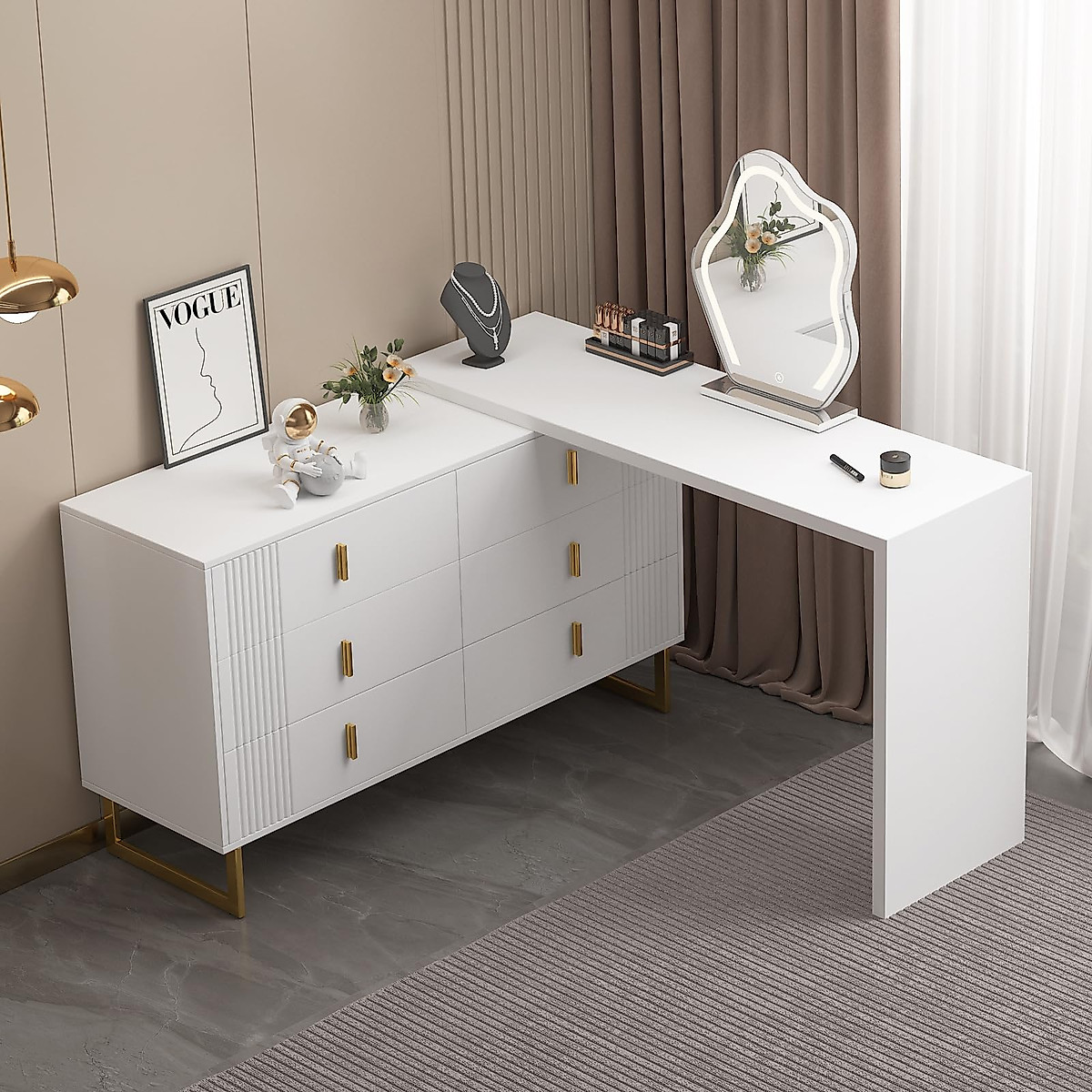 Messenya White Vanity Makeup Mirror Desk with 3-Color Touch Screen Illuminated Lights, Girls vanities Set Table with 6 Drawers and Mirror, Tocador de Maquillaje para Mujer, Dressing Table (S-102)