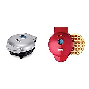 Dash DMS001SL Mini Maker Electric Round Griddle + Included Recipe Book, Silver & DMW001RD Machine for Individual, Paninis, Hash Browns, & other Mini waffle maker, 4 inch, Red