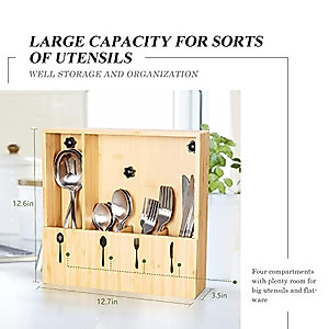 Bamboo Kitchen Utensil Holder for Countertop - Wall Mount Available - Cooking Utensil Caddy with 4 Compartments, Farmhouse Kitchen Decor, Wooden Utensil Organizer for counter