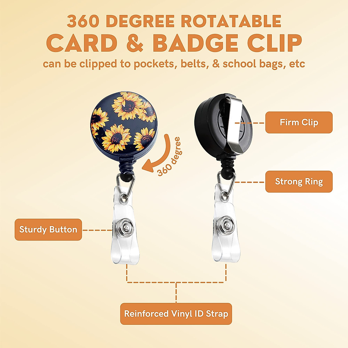 ID Badge Holder with Lanyard - Fashionable ID Card Holders with Retractable Lanyards - Soft Fiber,Metal Clip,Sturdy Buckle for Key,Wallet - Cute Sunflower Work,Nurse,Teacher Badge Holder