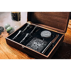 Atterstone Tequila Shot Glass Sugar Skull Wooden Box Set for Men and Women - 4 Premium Shot Glasses, Garnish Knife, Lime Cutting Stone, Salt Tin, Perfect for Themed Parties