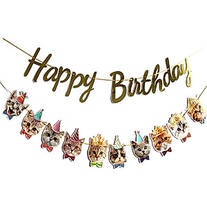 YUNSHANGMO Happy Birthday Banner Cat Garland Funny Birthday Decor Cat Face Bday Party Bunting Decorations Gold Birthday Sign