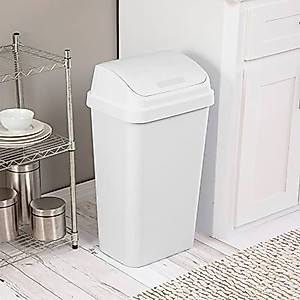 Sterilite 13 Gallon Plastic Swing Top Spave Saving Flat Side Lidded Wastebasket Trash Can for Kitchen, Garage, or Workspace, White