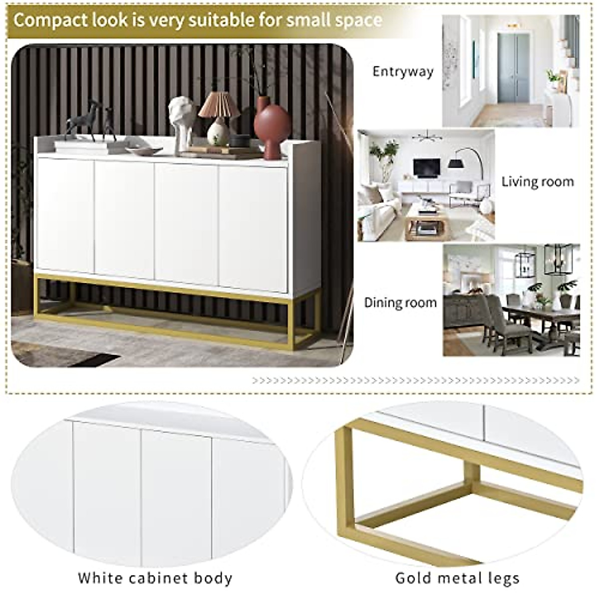 Modern Sideboard Elegant Buffet Cabinet with 4 Doors Storage Cupboard and Display Shelves,Buffet Server Console Table Floor Cabinet with Gold Metal Base for Dining Room/Entryway/Kitchen (White)