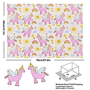 Magic Flying Unicorn Over Rainbow Flower Sunshine Dreams On Pink Wrapping Paper Sheets, Fantasy Horse With Wings and Horn Gift Wrap for Birthday Wedding Bridal Baby Shower Girl Kids, 4 Sheets Folded Flat 20x28 inches per sheet, 15 sq. ft. ttl.