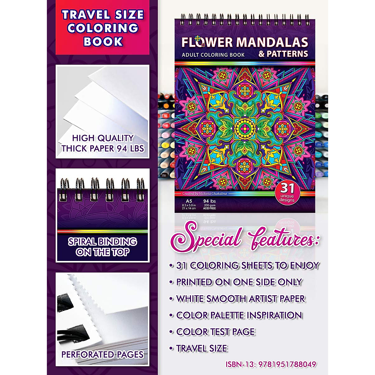 Flower Mandalas and Patterns. Travel Size Coloring Book for Adults on Thick Artist Paper with a Spiral Binding on The Top