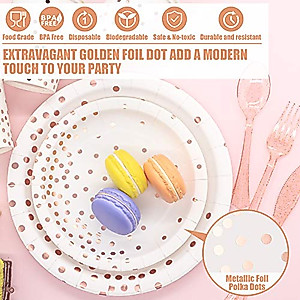 Partylamb White & Rose Gold Party Supplies, 350 PCS Disposable Dinnerware Set with Plates Napkins Cups Forks Knives Spoons for Birthday Baby Bridal Shower Valentine Wedding Party(A1.White & Rose Gold)