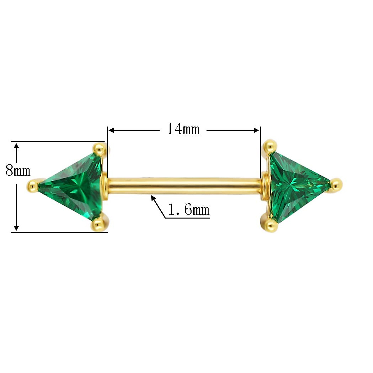 Excepro 2Pcs Nipplerings Barbell 316L Surgical Stainless CZ Nipple Piercing (Yellow Gold plated Green, stainless-steel)