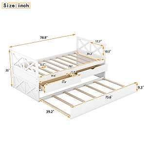 LZ LEISURE ZONE Twin Size House Bed, Solid Wood Platform Bed with Trundle, 3 Storage Drawers and Roof, White