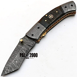 PAL 2000 KNIVES REG-8851 Custom Handmade Damascus Steel Folding Ram Handle Knife With Sheath