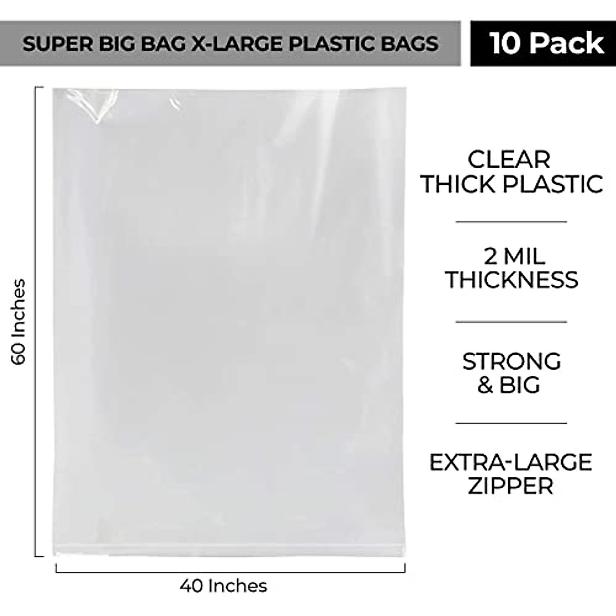 [ 10 COUNT ] 40x60 inches Clear Giant Size Jumbo Big Storage Bags for Covering & Protecting Big Items from Dust, Moisture, Water Damage; Fits Bulky Toys, Outdoor Seasonal Furniture, Home or Office Appliances, Luggage, Quilts, Comforters