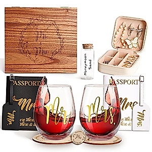 Frerdui Wedding Gifts for Bride and Groom, Mr Mrs Honeymoon Gift Set for Newlyweds Couple, Wine Beer Glasses with Wooden Box, for Travel, Anniversary, Just Married, Bridal Shower, Bride To Be