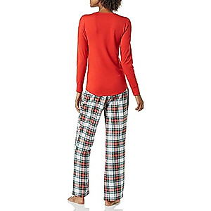 Amazon Essentials Women's Lightweight Flannel Pant and Long-Sleeve T-Shirt Sleep Set (Available in Plus Size), Red Tartan, Large