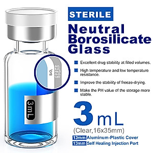 Empty Sterile Vial with Separately Butyl Rubber Stopper and Flip Top Closure,Removable,After Filling,Need to Seal by CrimperType 1 Borosilicate Glass Tubing,Individually Packed (3mL 8PCS)