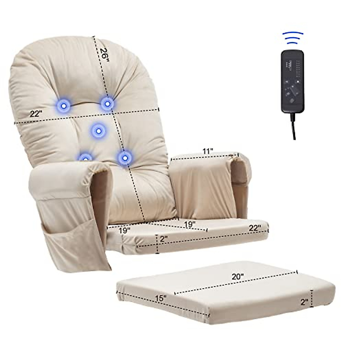 Paddie Beige Massage Glider Rocker Replacement Cushions with Storage Velvet Washable Non Slip for Glider Rocking Chair, 5PCS