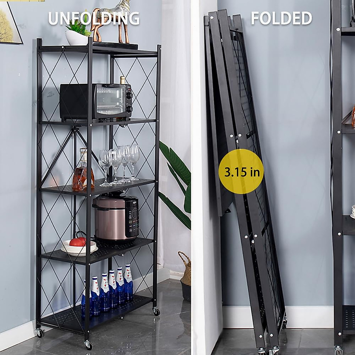 Jurbnlp 3-Tier Multipurpose Folding Shelf Storage Shelves Heavy Duty Foldable Metal Shelving Units Racks with Lockable Wheels No Assembly Required Great for Kitchen and Garage Shelf Black