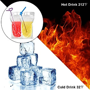 100PCS Drink Pouches with 100 Drink Straws, Reusable Smoothie Bags Juice Pouches, Heavy Duty Hand-Held Translucent Reclosable Zipper Plastic Ice Drink Pouches for Adults and Kids