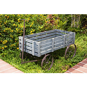 Shine Company Decorative Buckboard Wagon Garden Planter, Wooden Wagon Yard Décor for Outdoor Plants, Gray