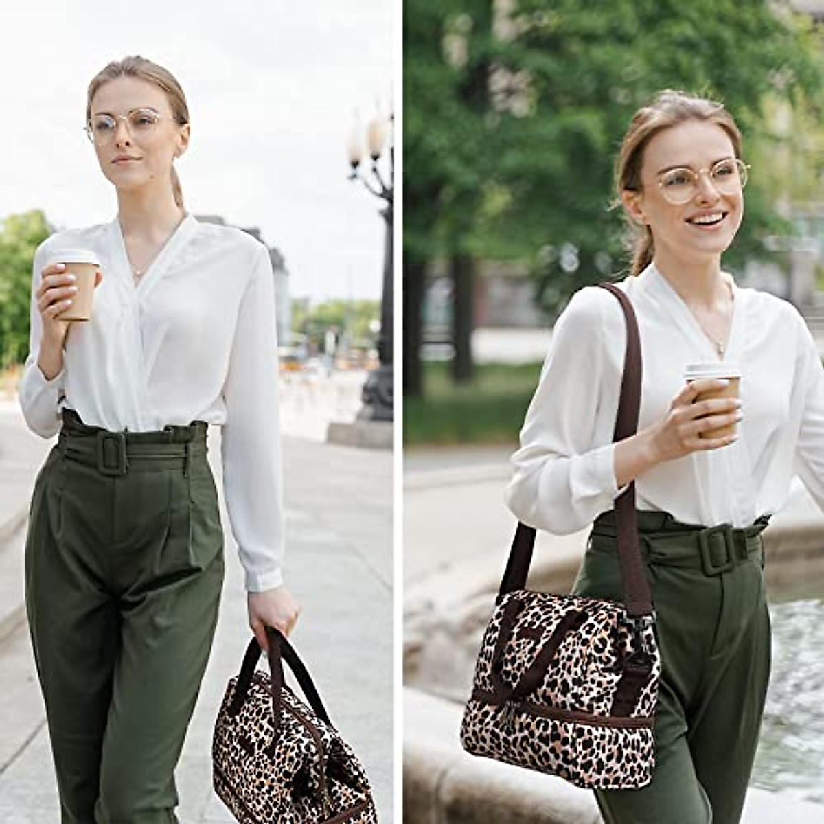 MIER Dual Compartment Lunch Bag Womens Lunch Box Cute Insulated Large Leak Proof Cooler Totes Bags with Shoulder Strap for Adult Work Office Beach Picnic Travel, Double Deck, Leopard