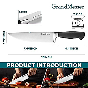 GrandMesser Chef Knife, 8 inch Kitchen Knife, Carbon Stainless Steel Cooking Knife with Ergonomic Handle and Sharpener, Chopping Knife for Professional Use