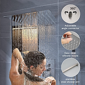 BWE 12 Inch Shower System Brushed Nickel Waterfall Faucet Tub Complete with Spout Set Square Luxury Rain Mixer Pressure Balancing 3-Function Wall Mount Rainfall Rough-in Valve Body and Trim Included