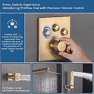SHOYELA Thermostatic Shower System with 4PCS Body Jets Brushed Gold, Push Button Diverter Shower Faucet with 2 in 1 Handheld, Wall Mount 10 Inch Shower Head【All Functions Simultaneous Use】