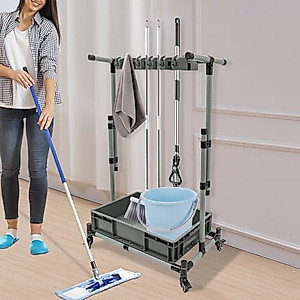Freestanding Broom Mop Holder with Water Tank, Floor Standing Cleaning Tool Cart with Universal Wheel, Cleaning Supplies Organizer for Store and Dry Brooms, Mop