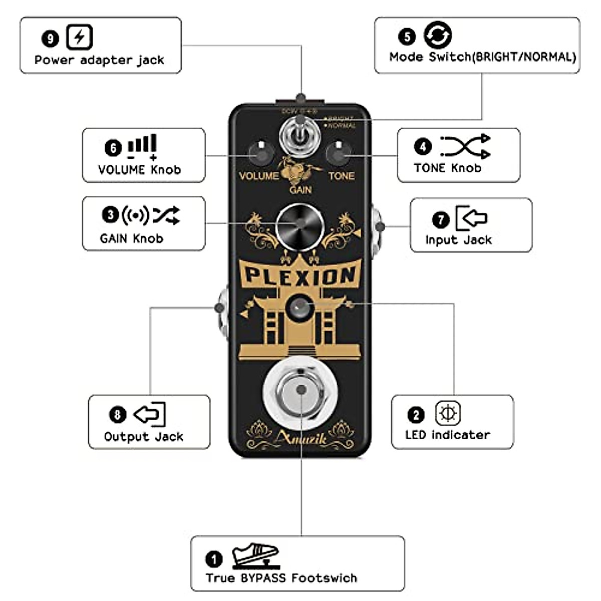 Amuzik Plexion Distortion Pedal for Guitar & Bass with Bright and Normal Mode True Bypass, AK-324