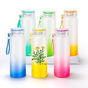 AGH 16oz Sublimation Glass Cups 6 Pack Color Frosted Sublimation Glass Tumblers with Colored Carrying Handle Lids,6 Color Gradient Glasses,Suitable for Cold or Cot Drinks,Easy to Carry
