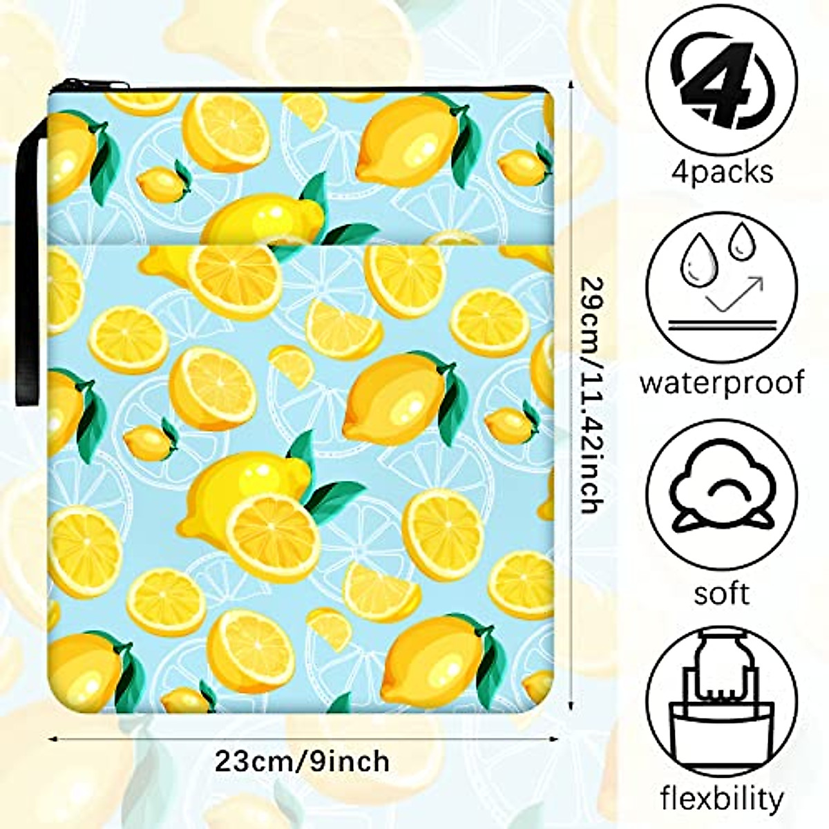 4 Pcs Book Sleeve for Book Lovers Orange Lemon Watermelon Strawberry Print Book Sleeve with Zipper Fruit Book Protector Pouch Washable Fabric Book Covers Paperback Book Pouch for Teen Adult Girls Gift