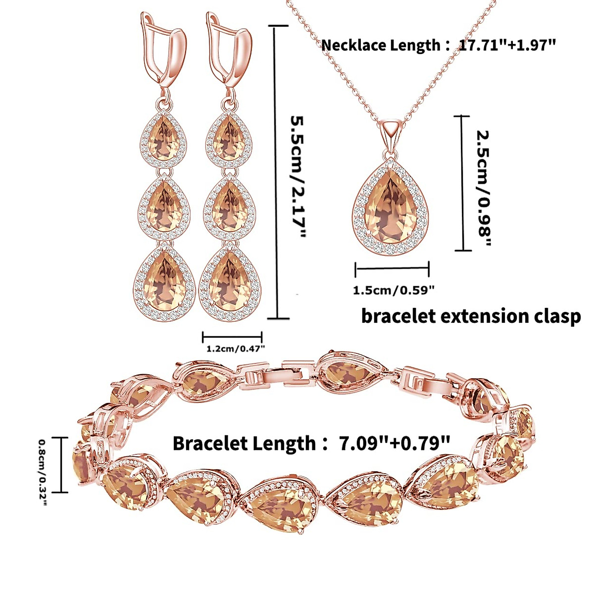 LMXXVJ Rose Gold Plated Necklace Long Earrings Bracelet Jewelry Set,Teardrop Champagne Cubic Zirconia Women's Jewelry Sets Prom Wedding Birthday/Anniversary Mother’s Day Jewelry Gifts