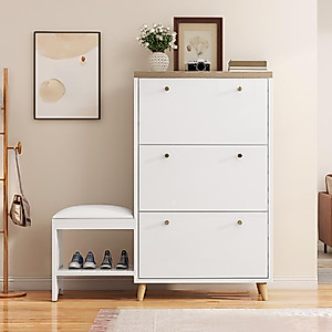 DWVO Shoe Cabinet with Bench for Entryway, Modern Shoe Storage Cabinet Shoe Bench, Narrow Hidden Shoe Organizer with 3 Flip Drawer, for Hallway, Closet, Living Room, White