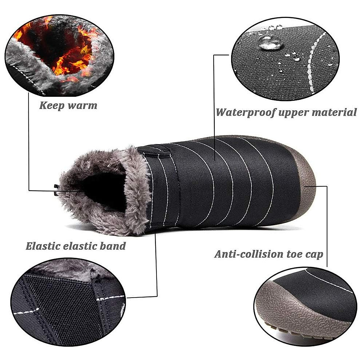 Eagsouni Womens Mens Snow Boots Winter Shoes Slip On Ankle Booties Anti-Slip Water Resistant Fully Fur Lined Outdoor Sneakers Black 12.5 Women/11 Men