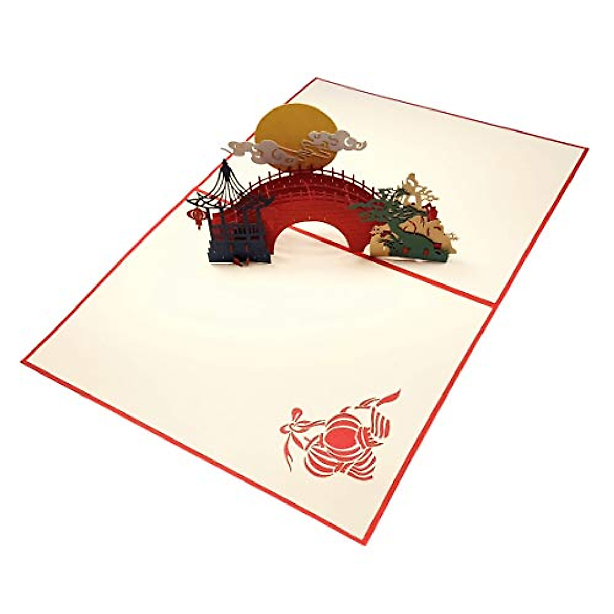 iGifts And Cards Inspirational Asian Pavilion Scenery 3D Pop Up Greeting Card Full Moon, Romantic Bridge, Lanterns, Pine Tree, Half-Fold, All Occasion, Birthday, Mid-Autumn Festival, Chinese New Year