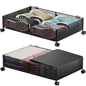 TUMUCUTE Under Bed Storage, Underbed Storage Containers with Wheels, Metal Under the bed storage, Under Bed Storage Organizer for Shoe, Clothes, Blankets, Bedding(2 Pack)