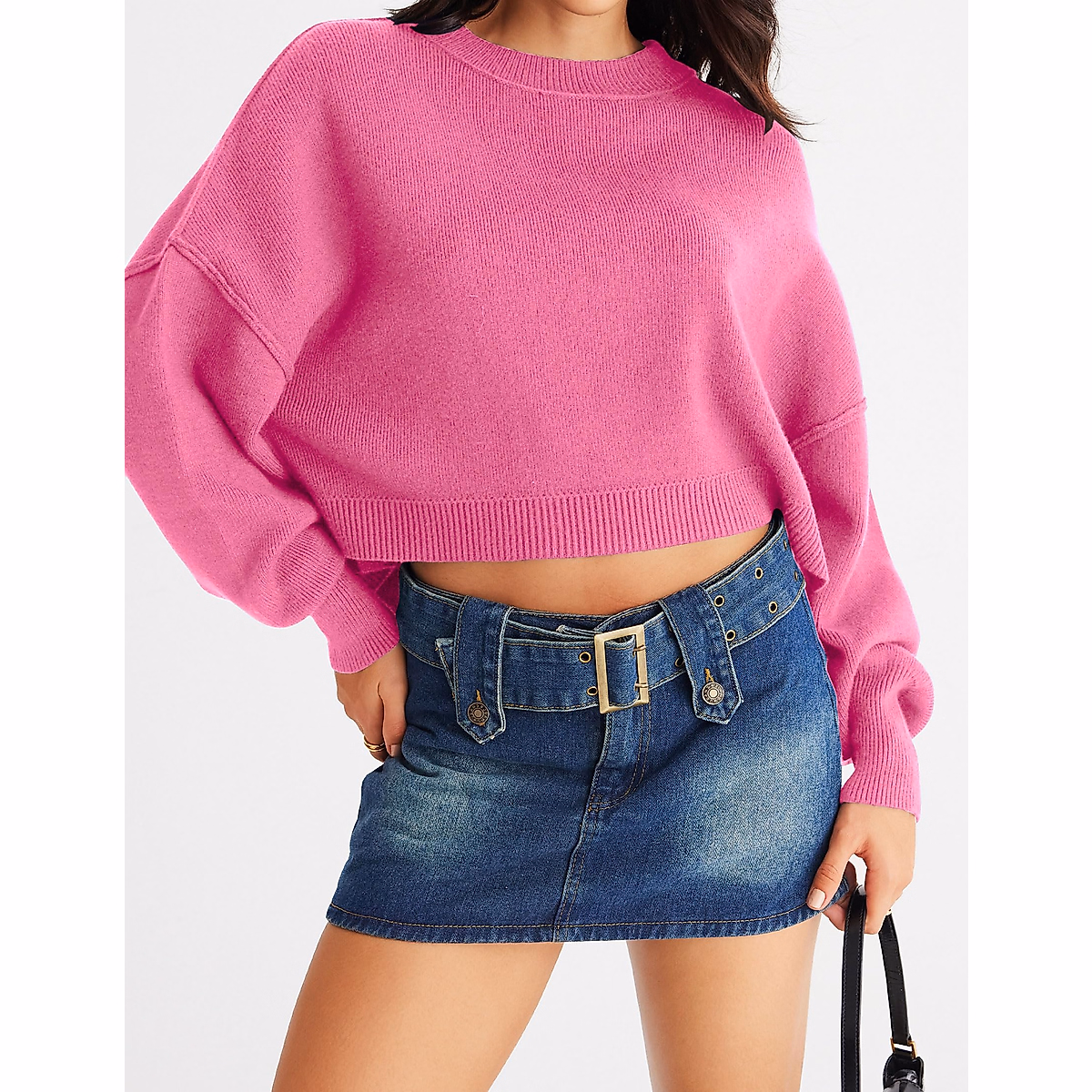 MEROKEETY Oversized Cropped Sweaters for Women Fall 2025 Trendy Crewneck Batwing Sleeve Knit Tops Side Slit Pullover Sweater Jumper HotPink Small